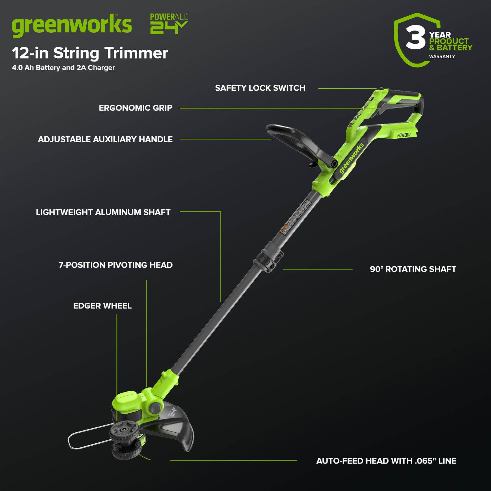 24V 12" Cordless Battery String Trimmer and Edger | Greenworks Tools