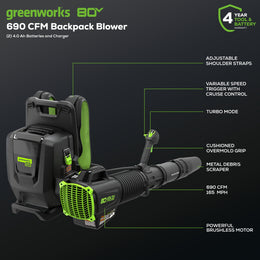 80V 690 Cfm Cordless Battery Dual-Port Backpack Blower W/ Two (2) 4.0 ...