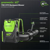 60V Backpack Blower 730 CFM & Battery | Greenworks Tools