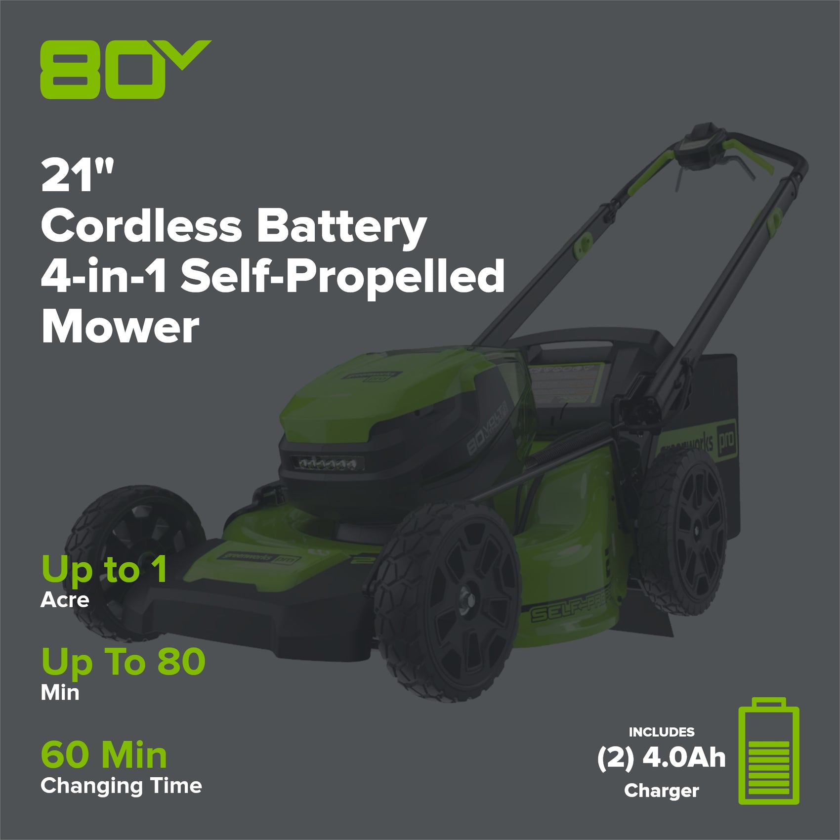 80V 21" Cordless Battery 4-in-1 Self-Propelled Mower w/ (2) 4.0Ah ...