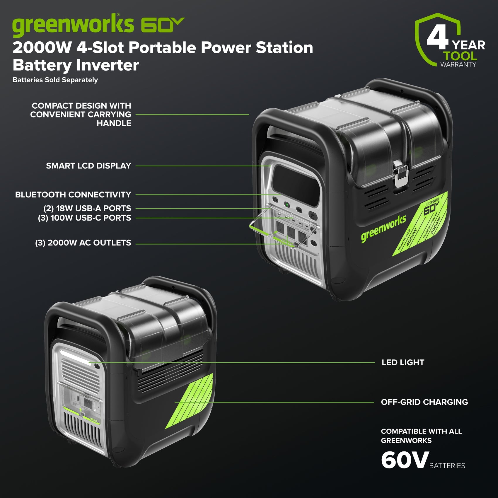 60V 2000W 4-Slot Inverter Portable Power Station (Tool Only ...