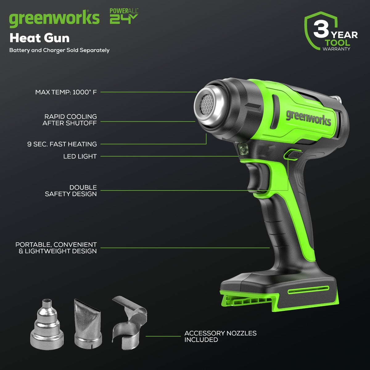 24V Cordless Battery Heat Gun (Tool Only) | Greenworks Tools