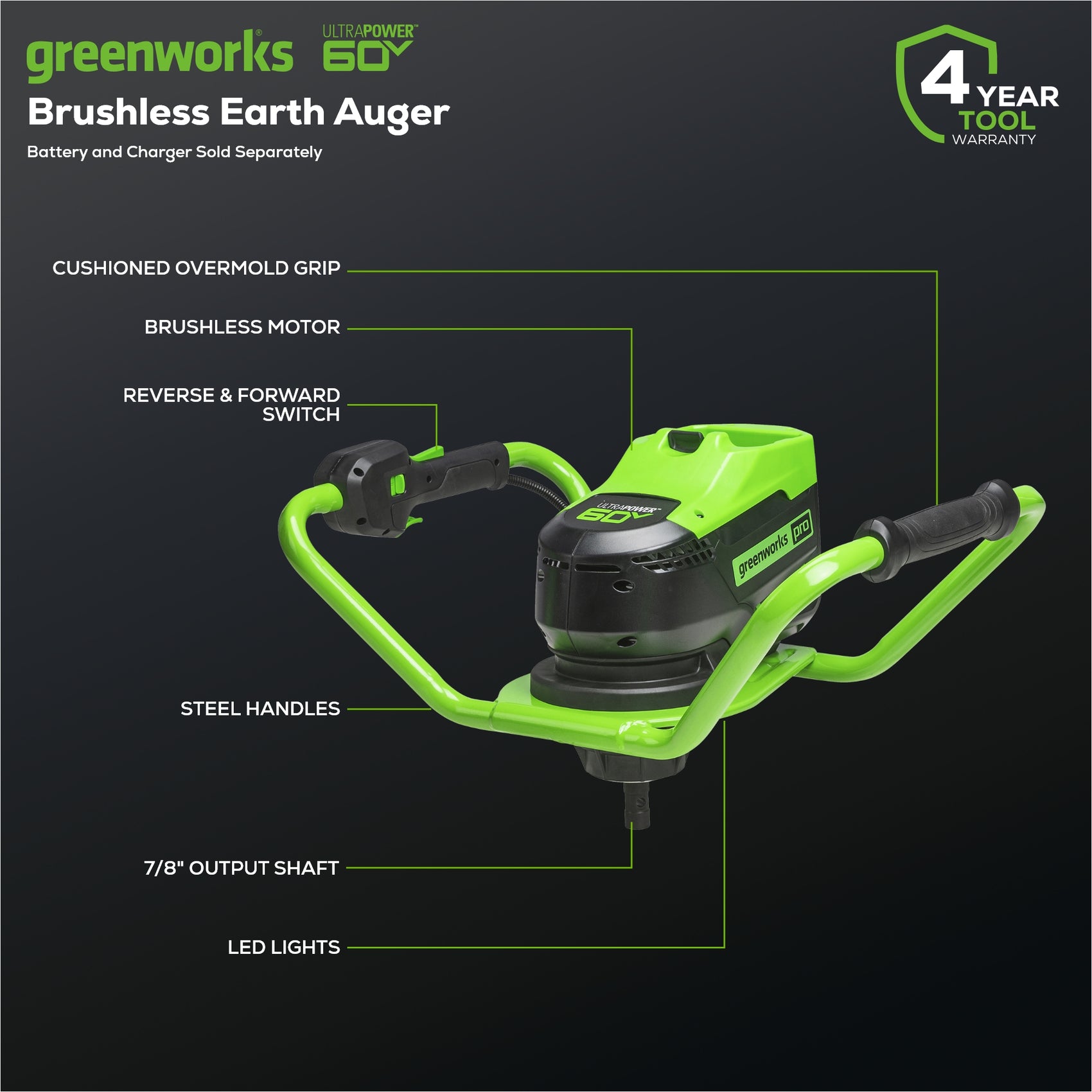 60V Cordless Battery Brushless Earth Auger / Post Hole Digger (Tool ...