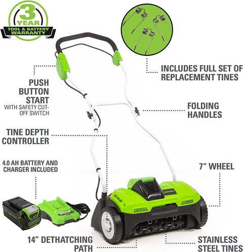 40V 14" Cordless Dethatcher W/ 4.0Ah Battery & Charger | Greenworks Tools