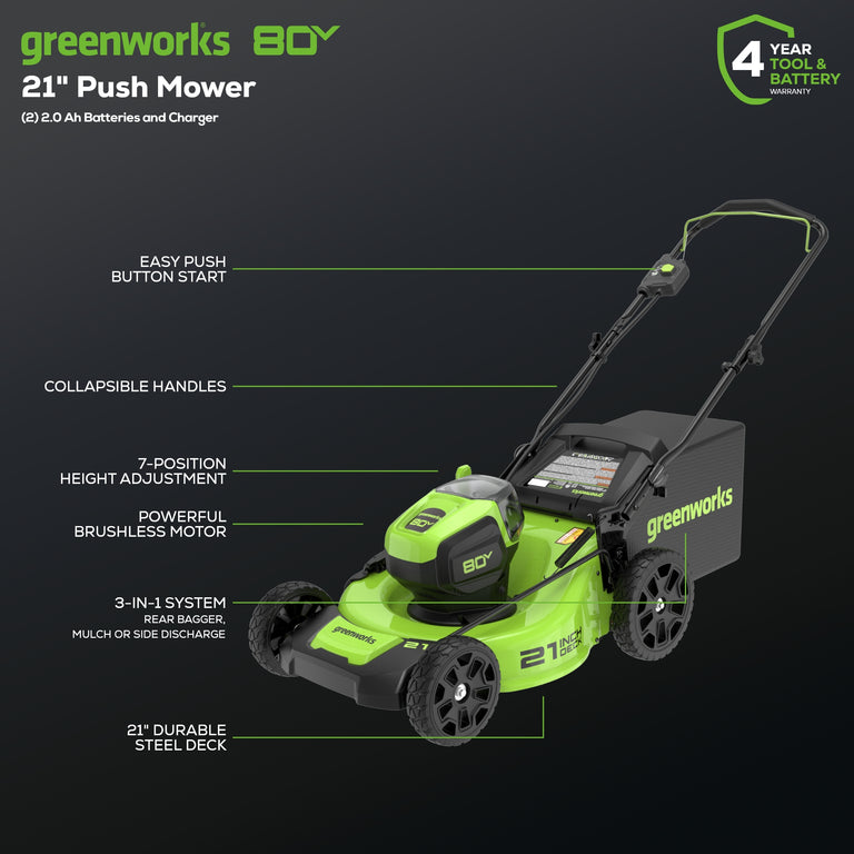 80V 21" Cordless Battery Brushless Push Mower & 500CFM Axial Leaf ...