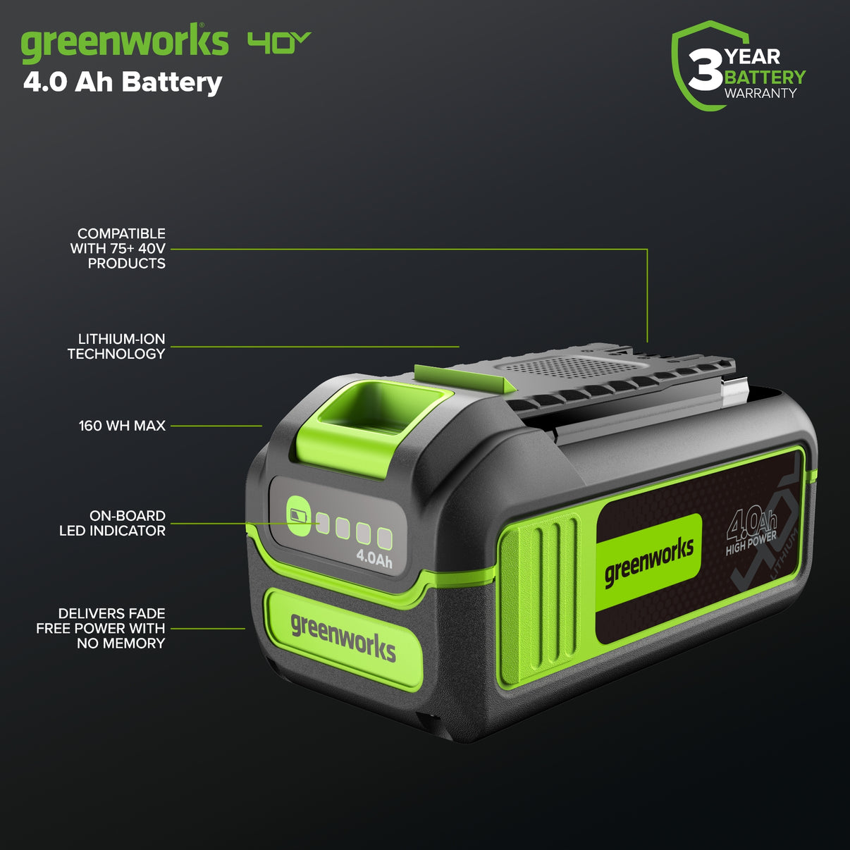 40V 4.0Ah High Power Battery | Greenworks Tools