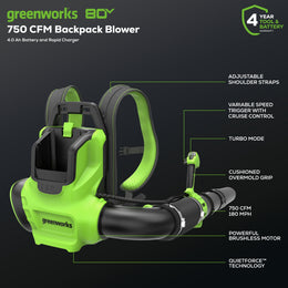 80V 750Cfm Cordless Battery Single Port Backpack Blower W/ 4Ah Battery ...