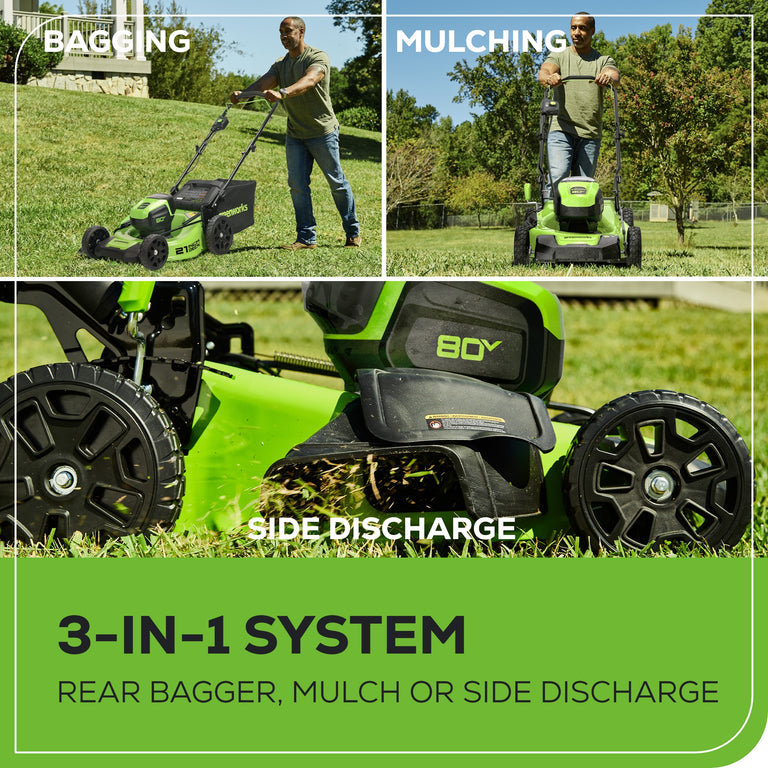 80V 21" Cordless Battery Brushless Push Mower & 500CFM Axial Leaf ...