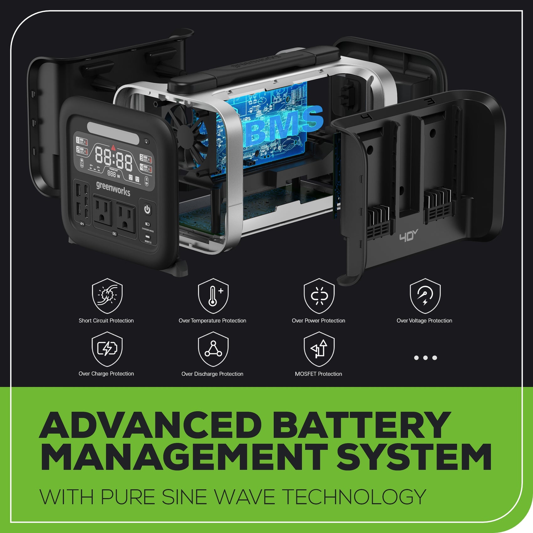 40V 500W 4-Slot Inverter Portable Power Station, (4) 4.0 Ah Batteries