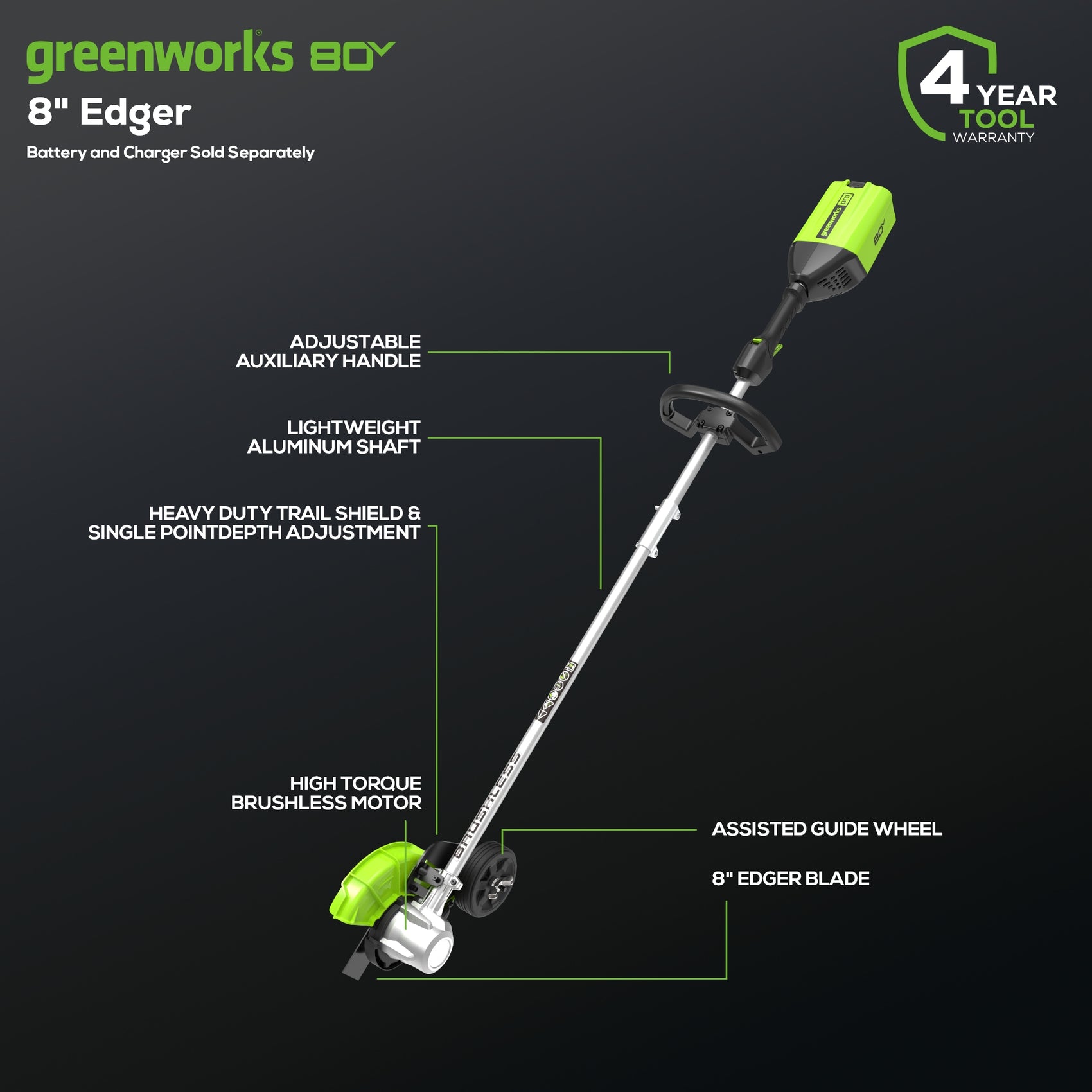 80V GEN 2 8-Inch Cordless Edger (Tool Only) | Greenworks Tools