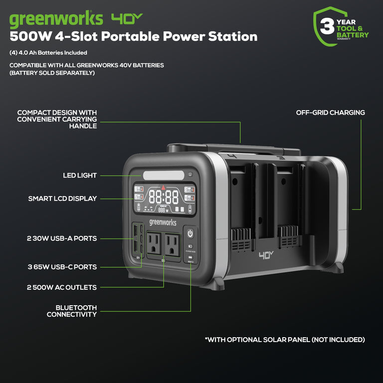 40V 500W 4-Slot Inverter Portable Power Station, (4) 4.0 Ah Batteries