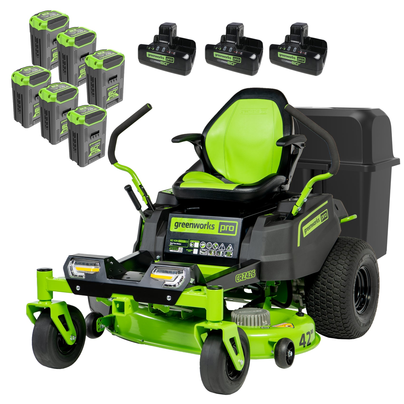 Pro 60V 42 Inch Electric Zero Turn Lawn Mower+Bagger 6 8Ah Batteries ...