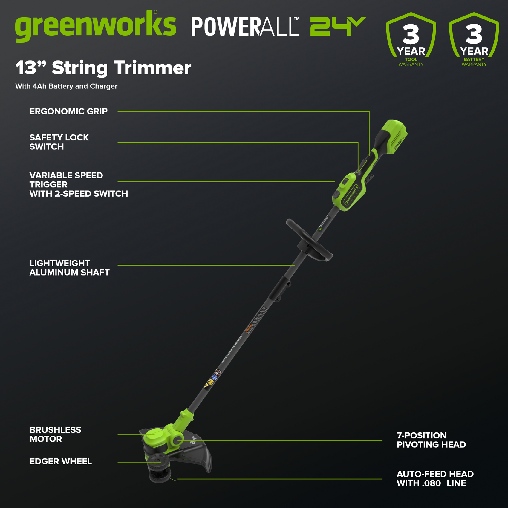 24V 13" Cordless Battery String Trimmer/Edger Kit | Greenworks Tools