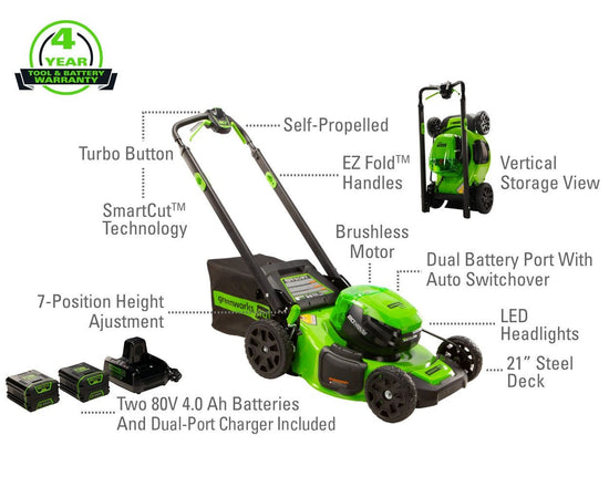 80V 21'' Self Propelled Lawn Mower & (2) 4.0 Ah Batteries | Greenworks ...